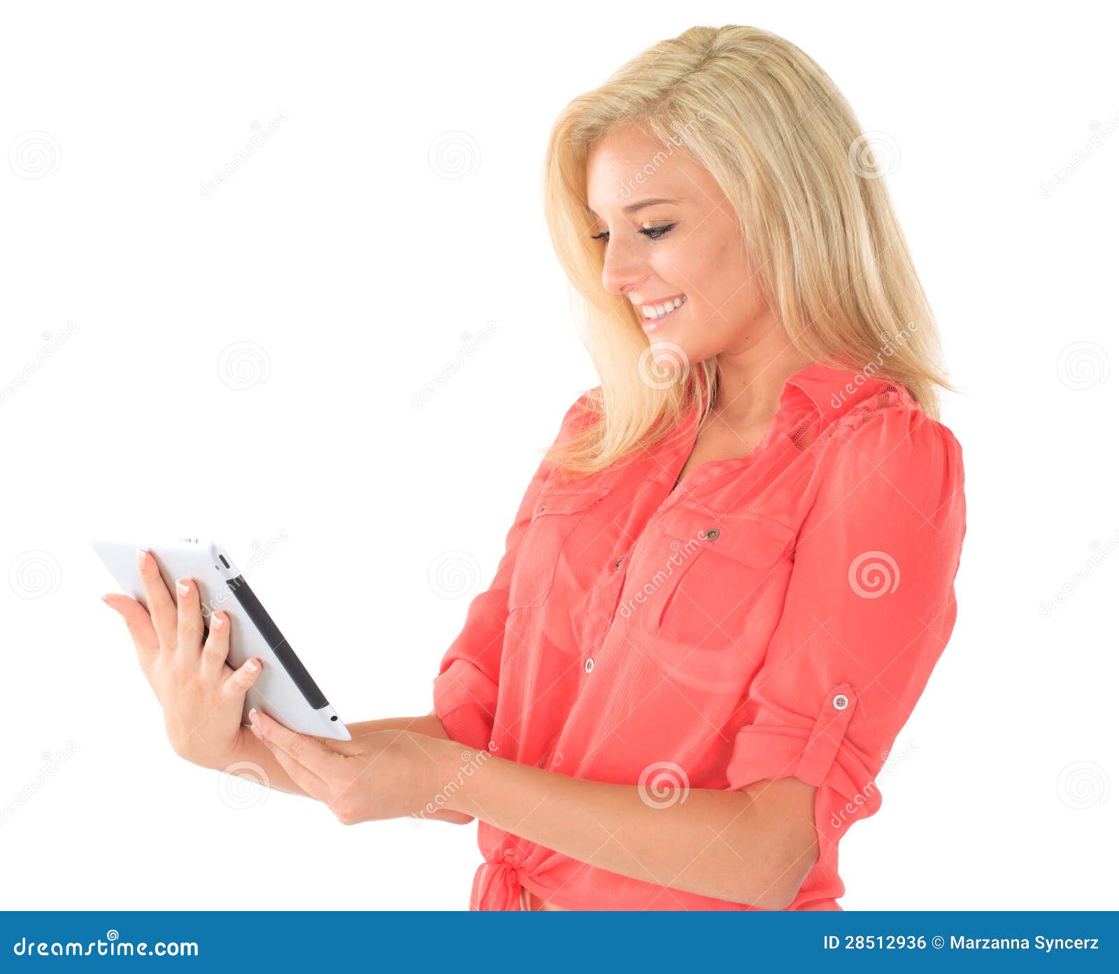 Blonde woman with tablet stock photo. Image of happy - 28512936