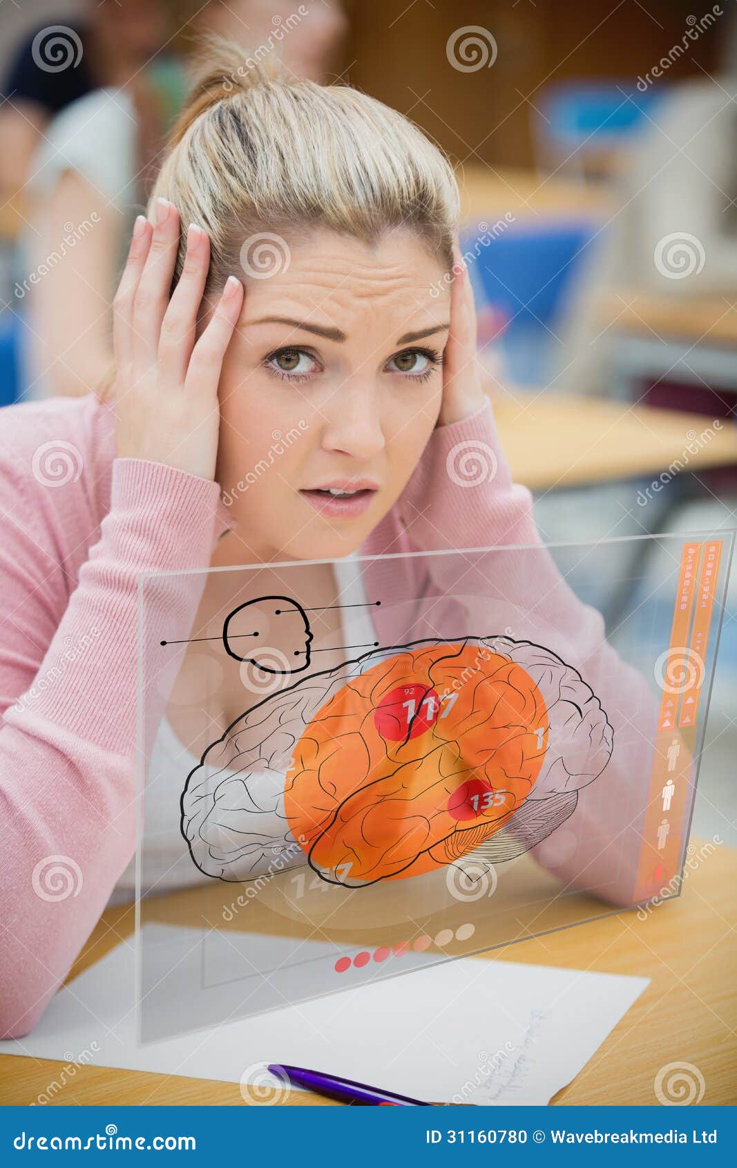 Blonde Woman Thinking Hard while Studying on Futuristic Interface Stock ...