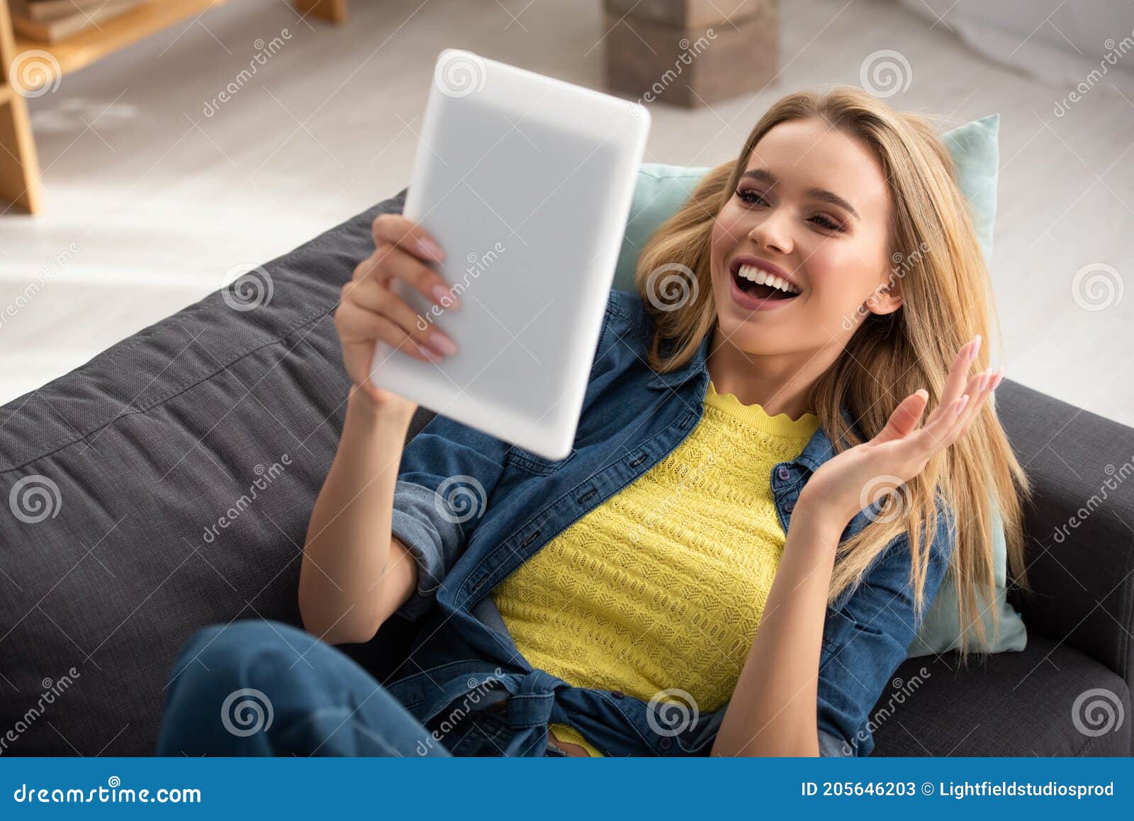 Blonde Woman With Waving Hand Looking Stock Image Image Of Attractive