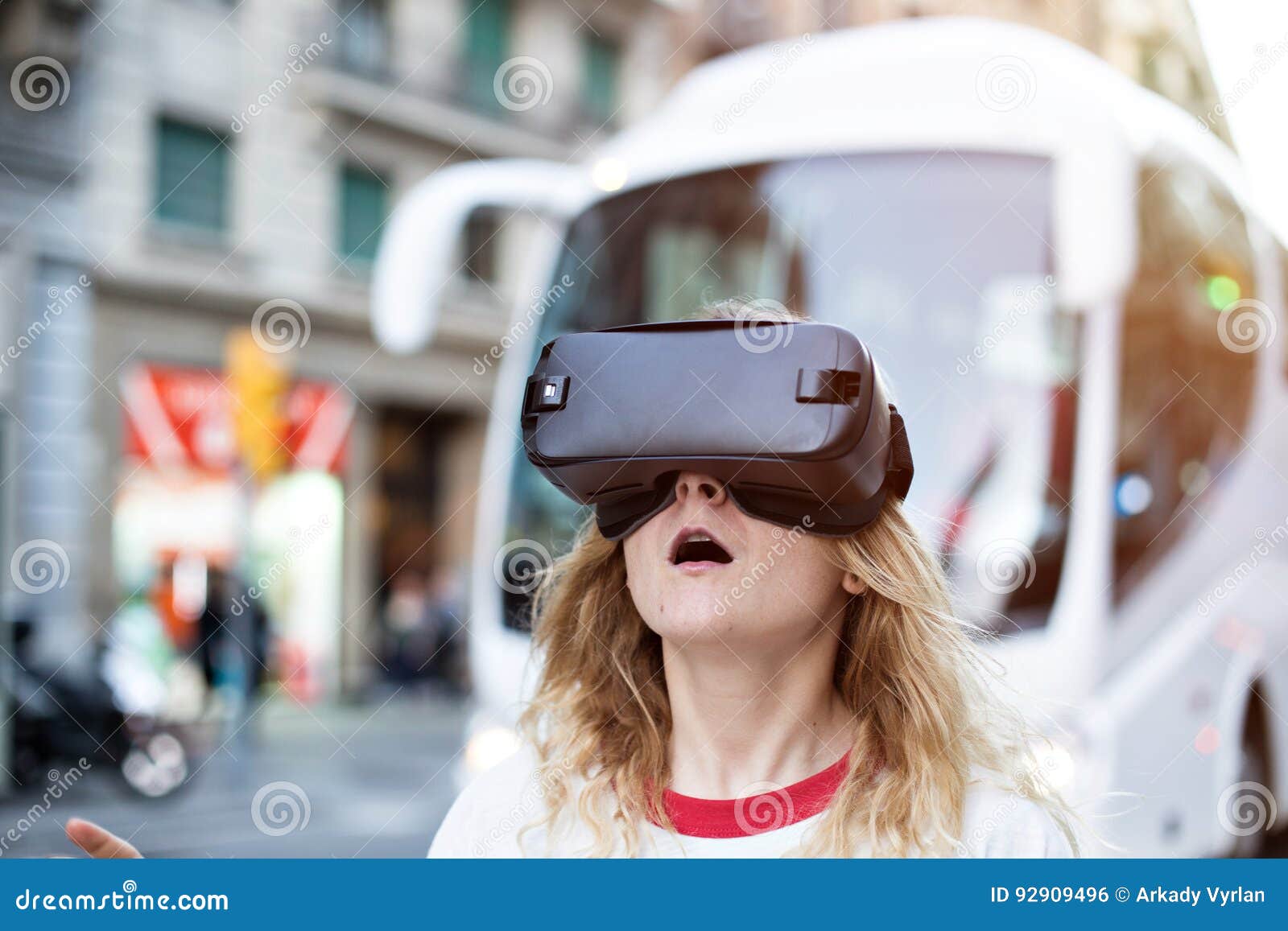 Blonde Young Woman Uses VR Headset Stock Photo - Image of gaming ...