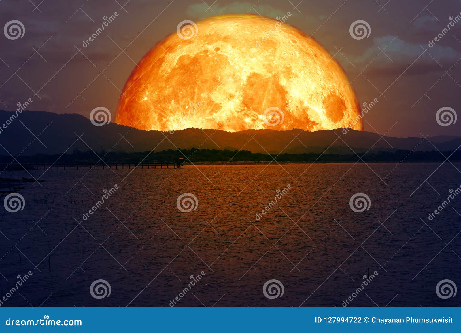 Blood Moon Back on Mountain and Light Reflection on Lake Stock Photo ...