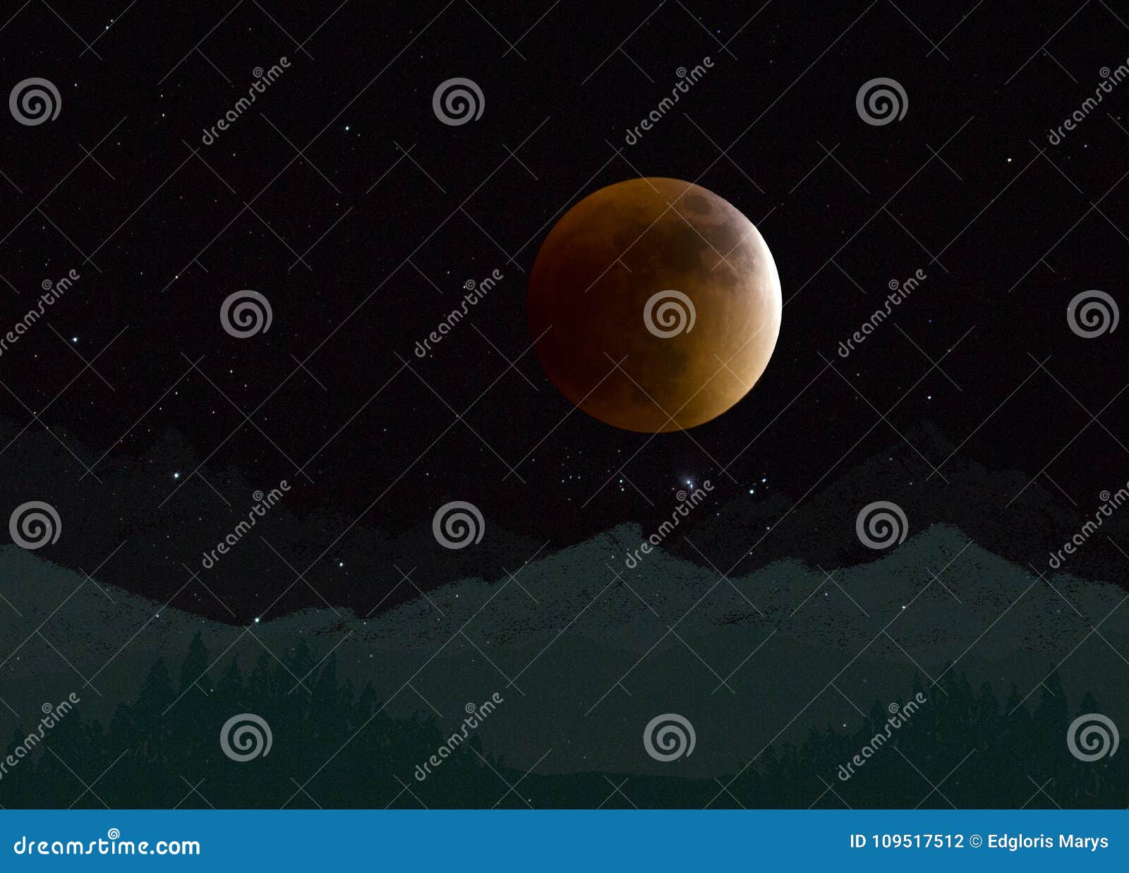 Blood Moon Above the Mountains Stock Illustration - Illustration of ...