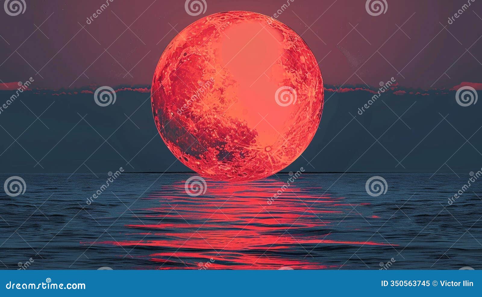 Blood Moon Rising Over Ocean, Red Lunar Eclipse, Night Sky with Full ...