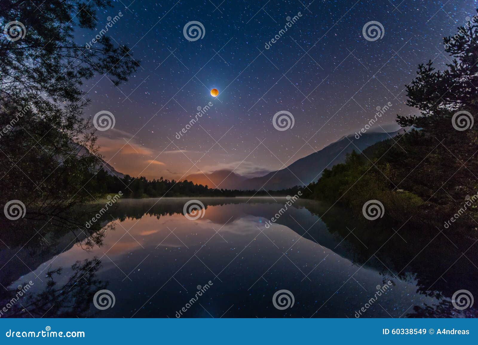 Blood Moon with Stars at Alpine Lake Stock Image - Image of magical ...