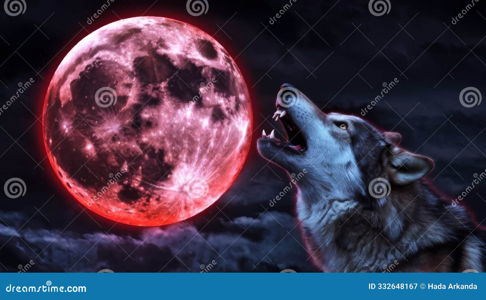 Blood Red Full Moon with Howling Wolf in Black Night Sky for Halloween ...