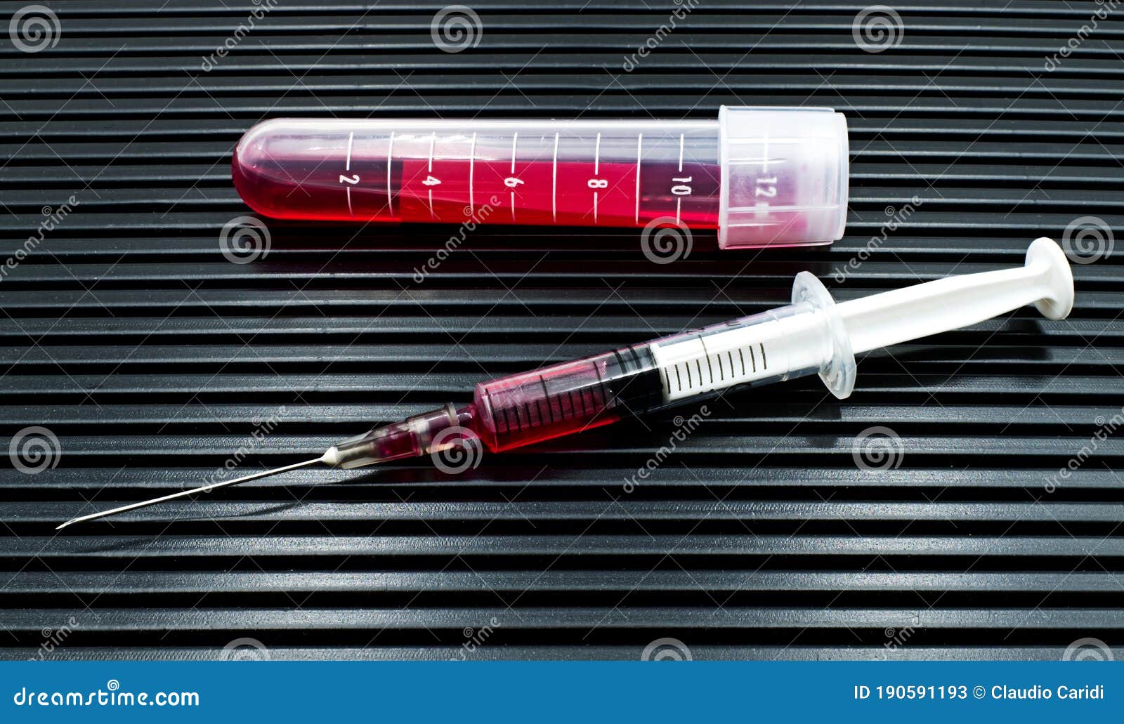 Blood Sample and Syringe Injection, Isolated on Dark Background Stock ...