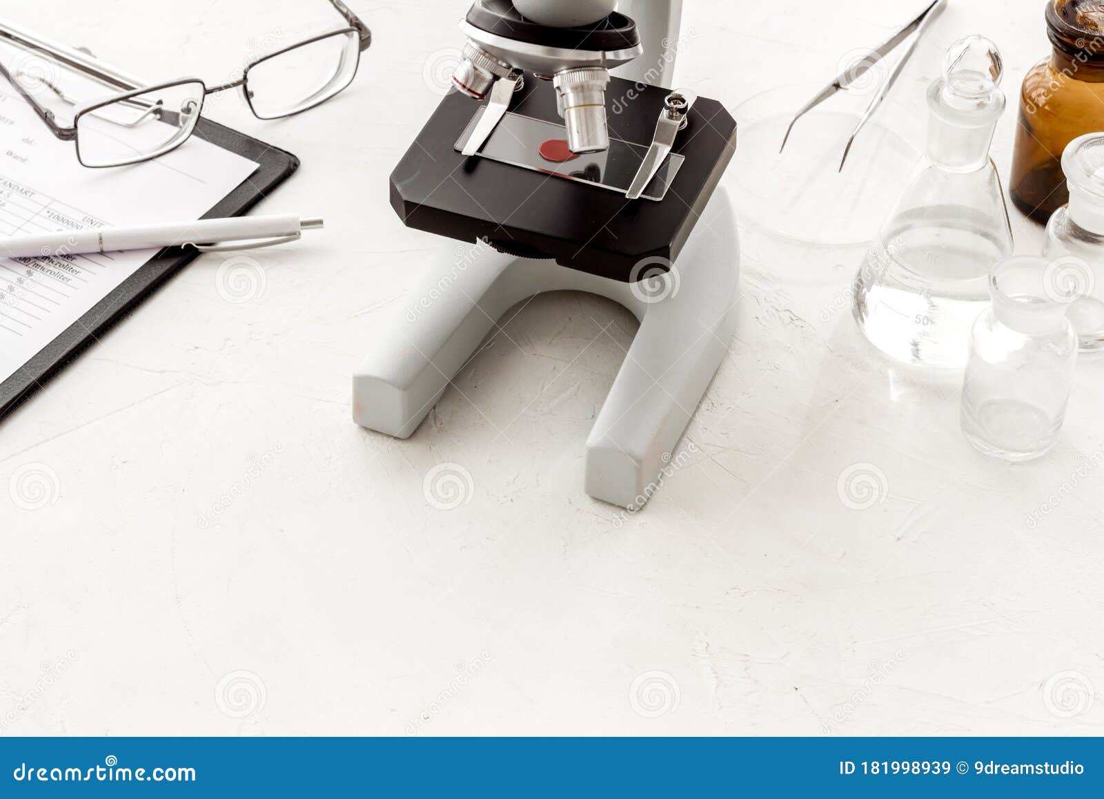 Blood Testing with Microscope in Laboratory. Equipment on White ...