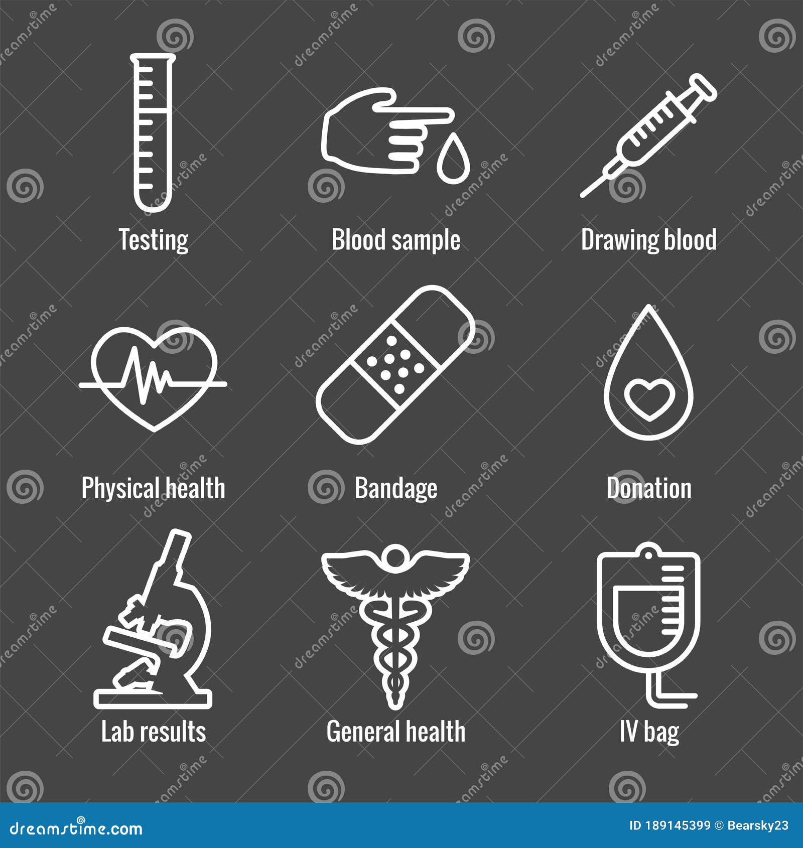 Blood Testing and Work Icon Set with Syringe, Donation, & Blood Sample ...