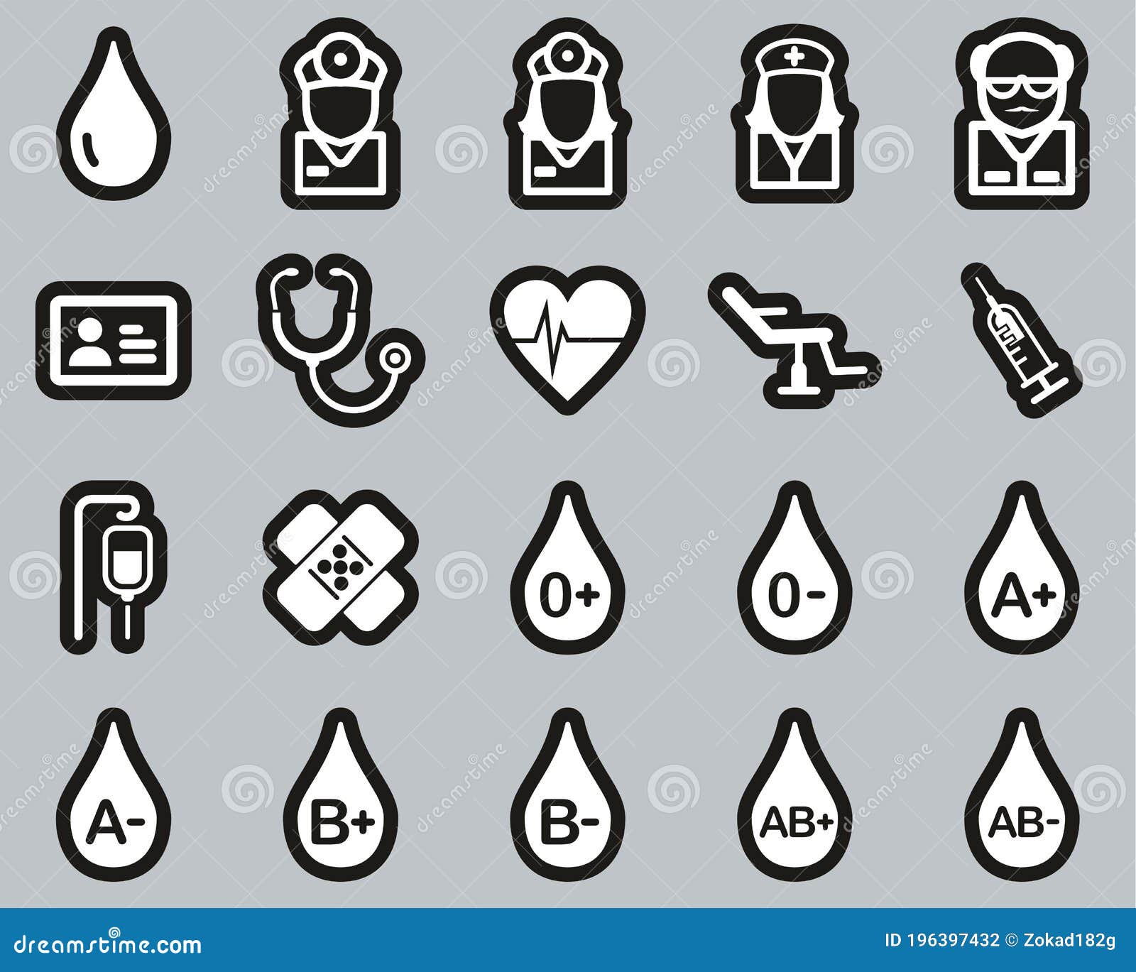 Blood Types or Blood Donation Icons White on Black Sticker Set Big ...