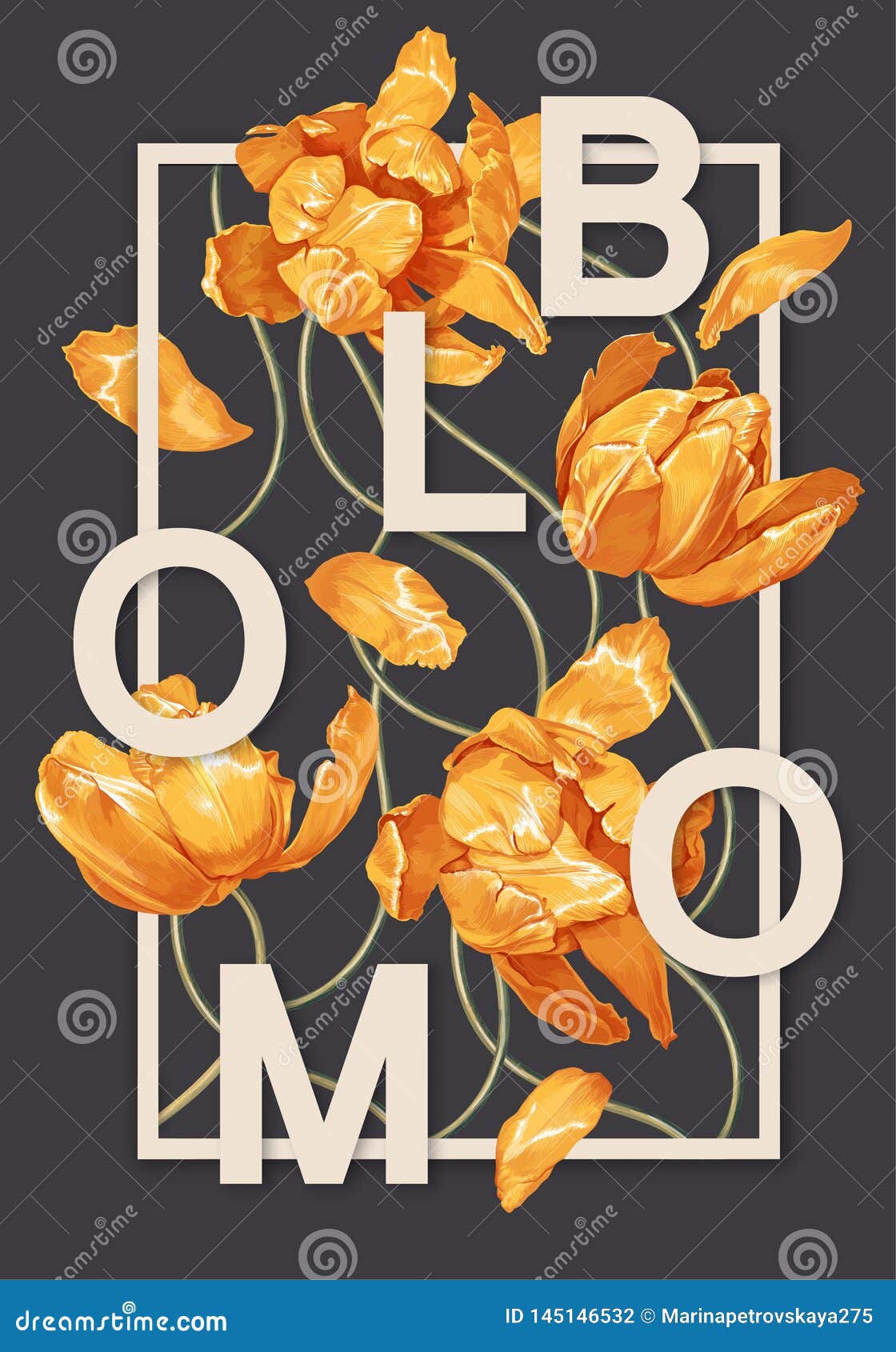 Trendy Poster with Blooming Yellow Tulips Flowers. Spring Theme ...