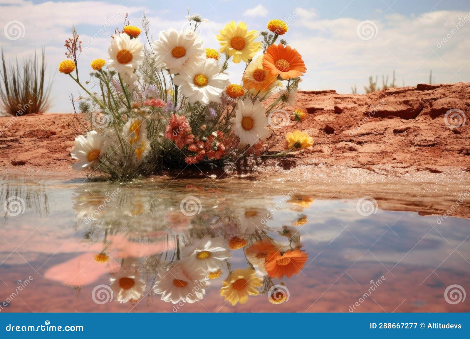 Blooming Desert Flowers Reflecting in Rainwater Puddle Stock Image ...