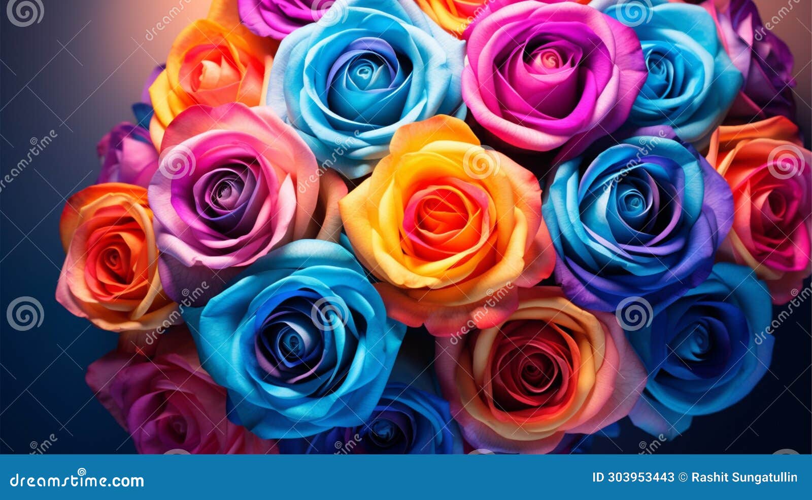Blooming Multicolored Roses on a Blue Gradient Background Stock ...