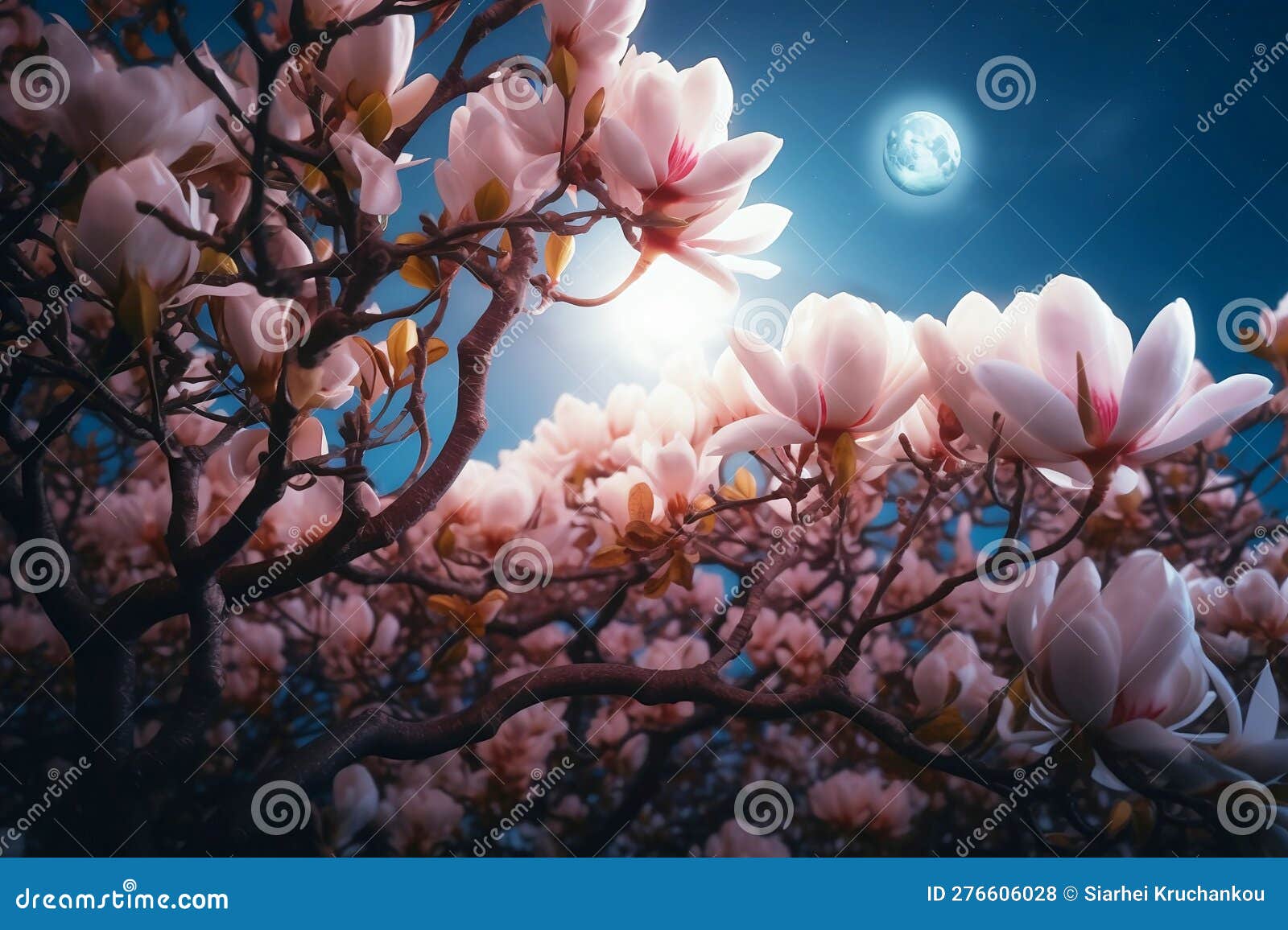 Blooming Pink Magnolia Branches at Fullmoon Night Close Up Stock ...