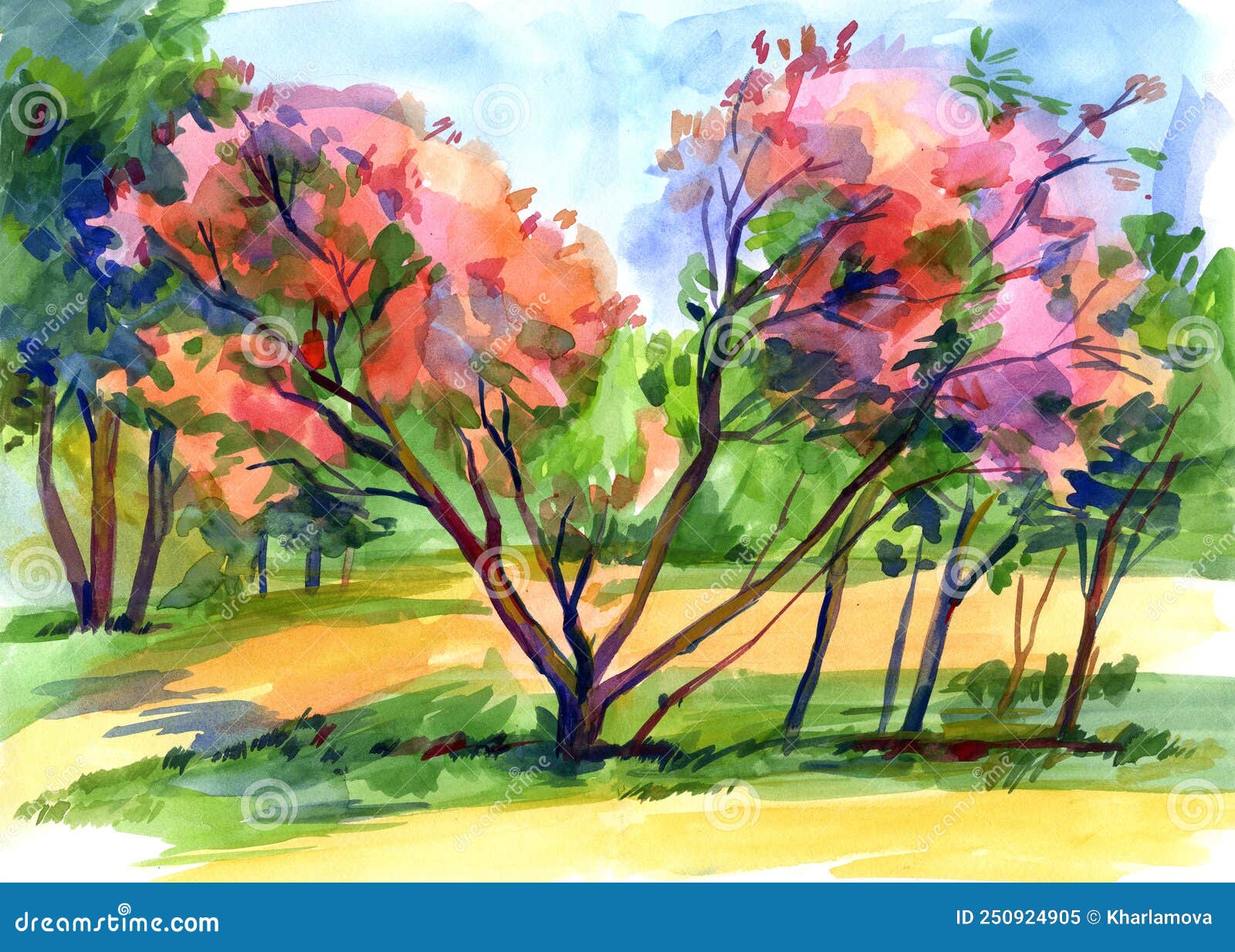 Blooming Pink Tree. Landscape. Drawing with Watercolor Stock ...