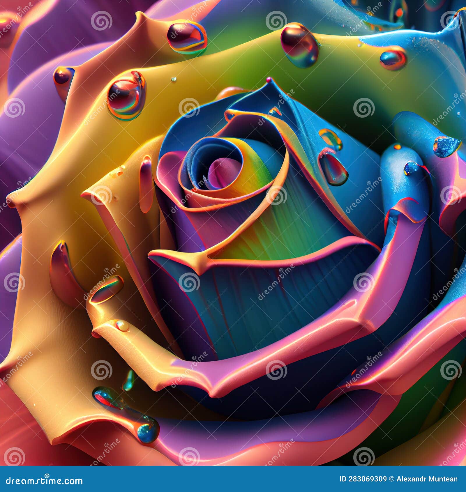 Blooming Rainbow Rose with Water Drops. Stock Illustration ...