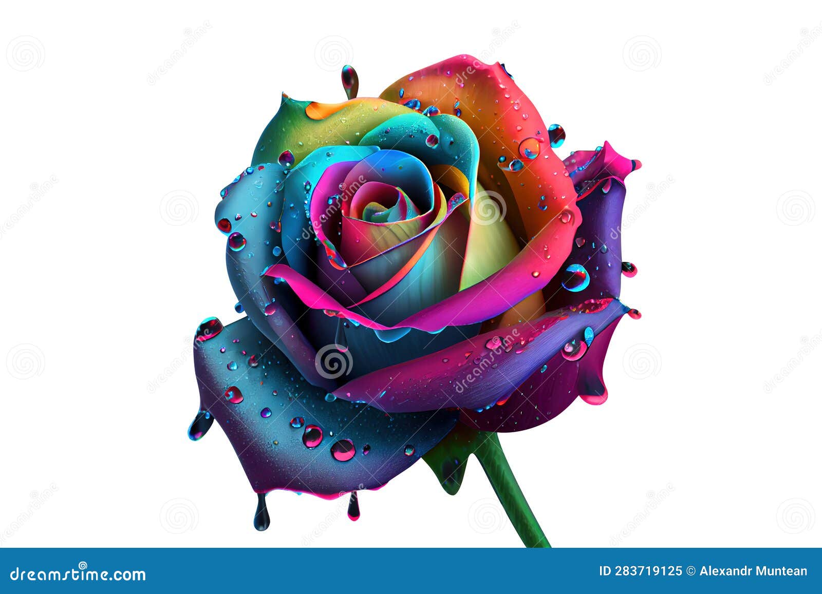 Blooming Rainbow Rose with Water Drops Isolated on White Background ...