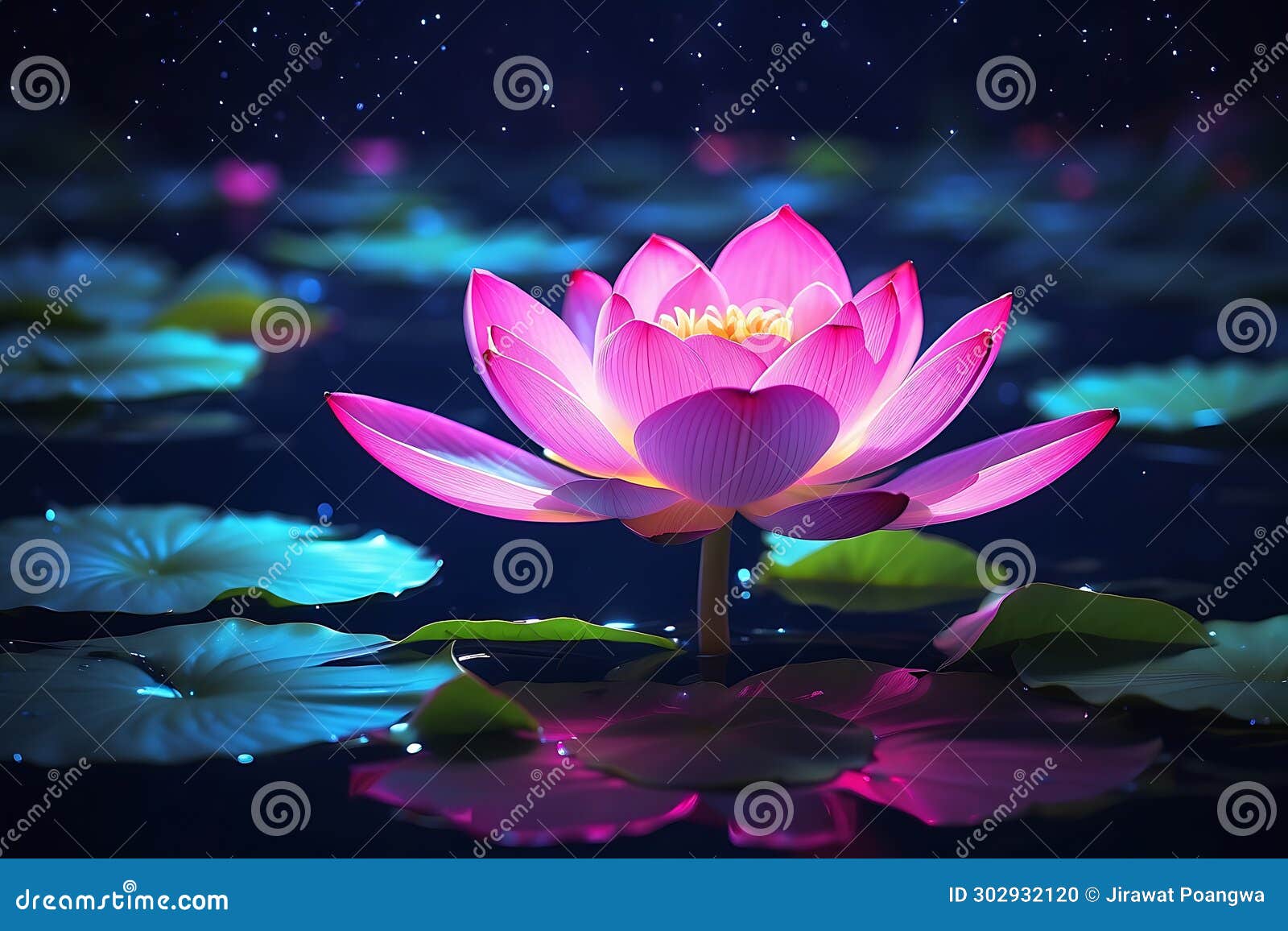 The Blooming Royal Lotus Glows at Night on the Surface of the Water ...