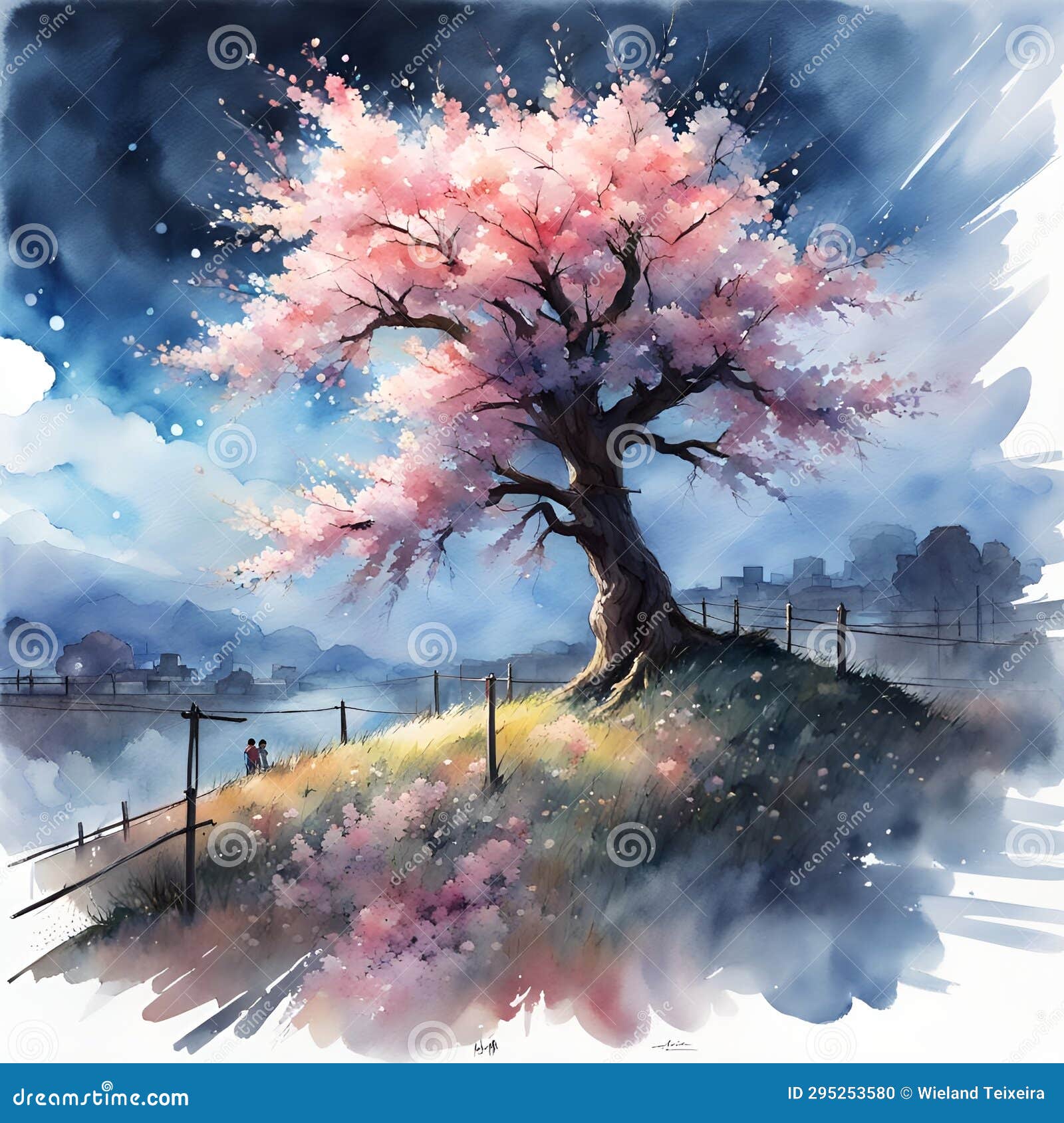 Blooming Sakura Cherry Tree in the Moonlight Stock Illustration ...
