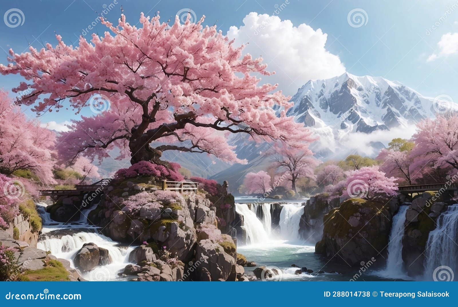 Blooming Sakura Tree with Mountain and Waterfall Background Stock ...