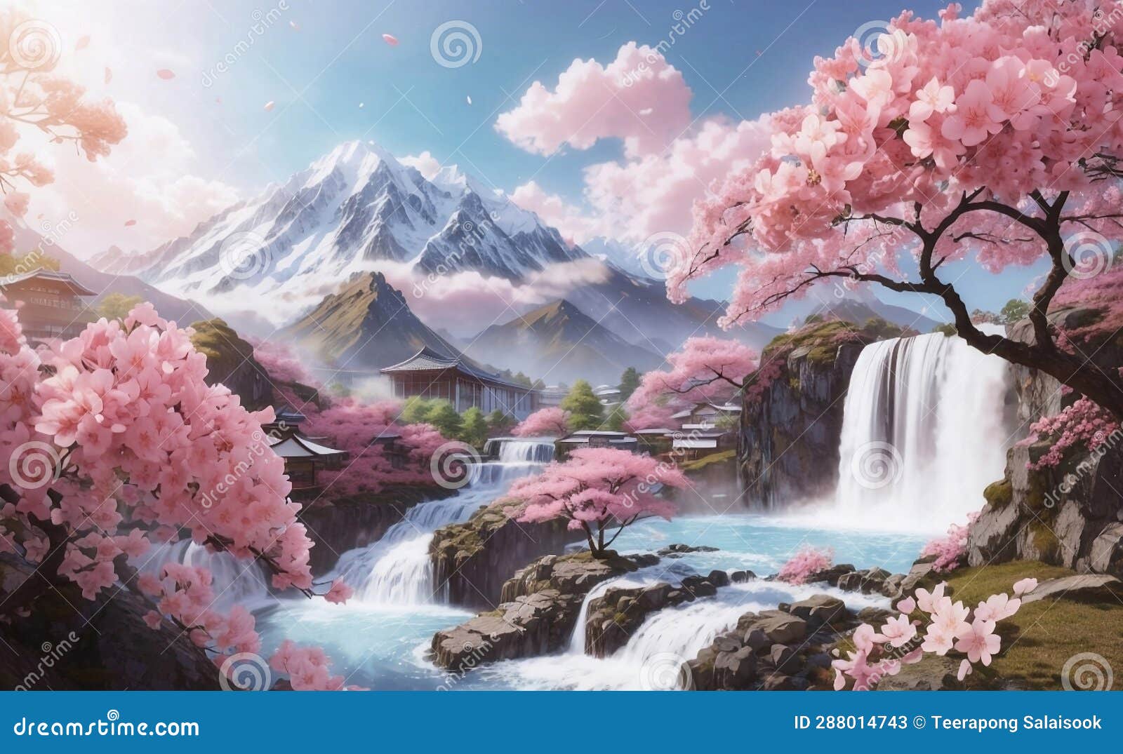 Blooming Sakura Tree with Mountain and Waterfall Background Stock ...