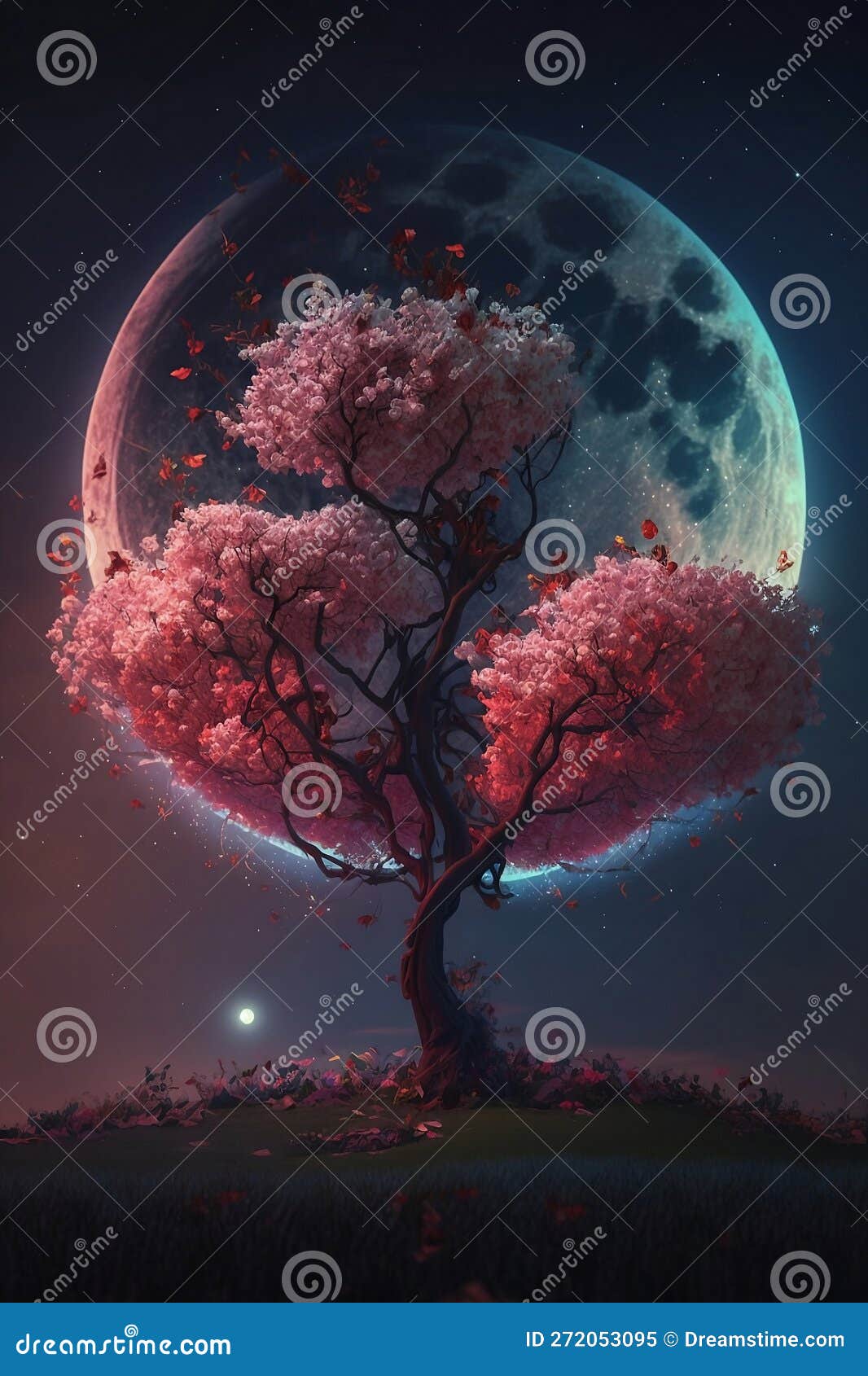 Blooming Sakura Tree at Night with Full Moon Stock Illustration ...