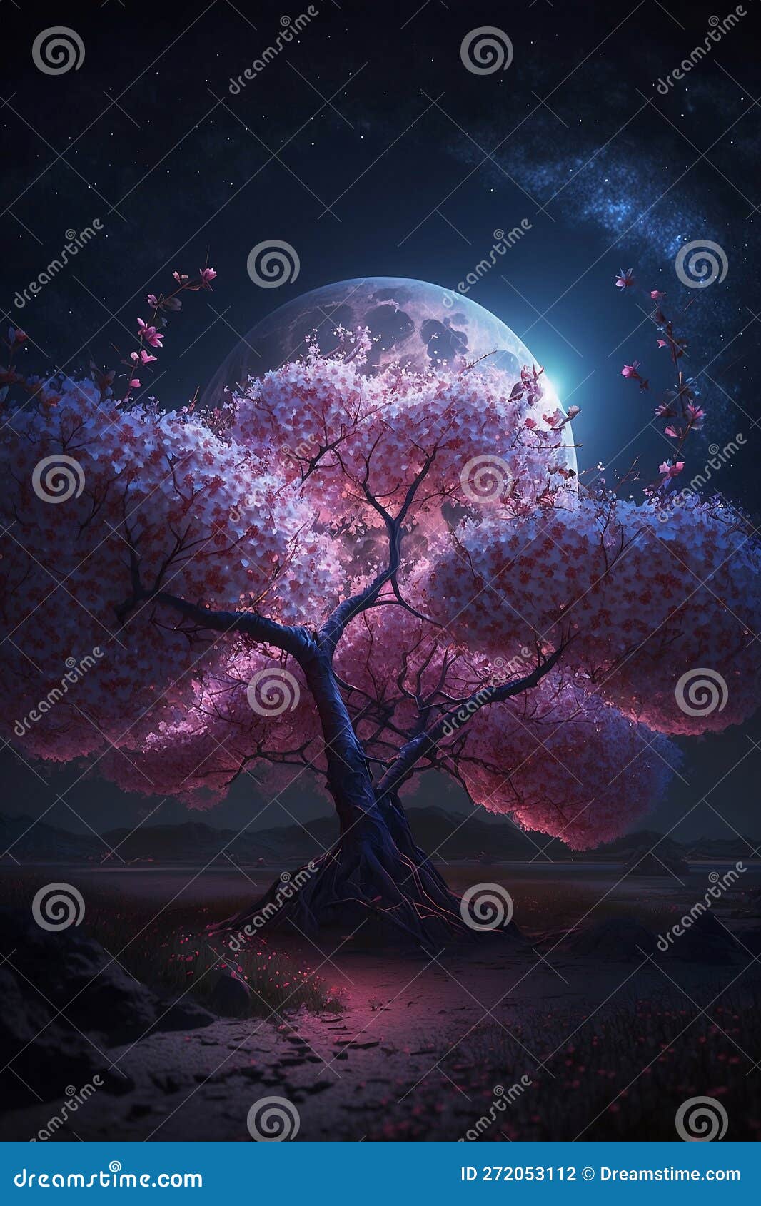 Blooming Sakura Tree at Night with Full Moon Stock Illustration ...