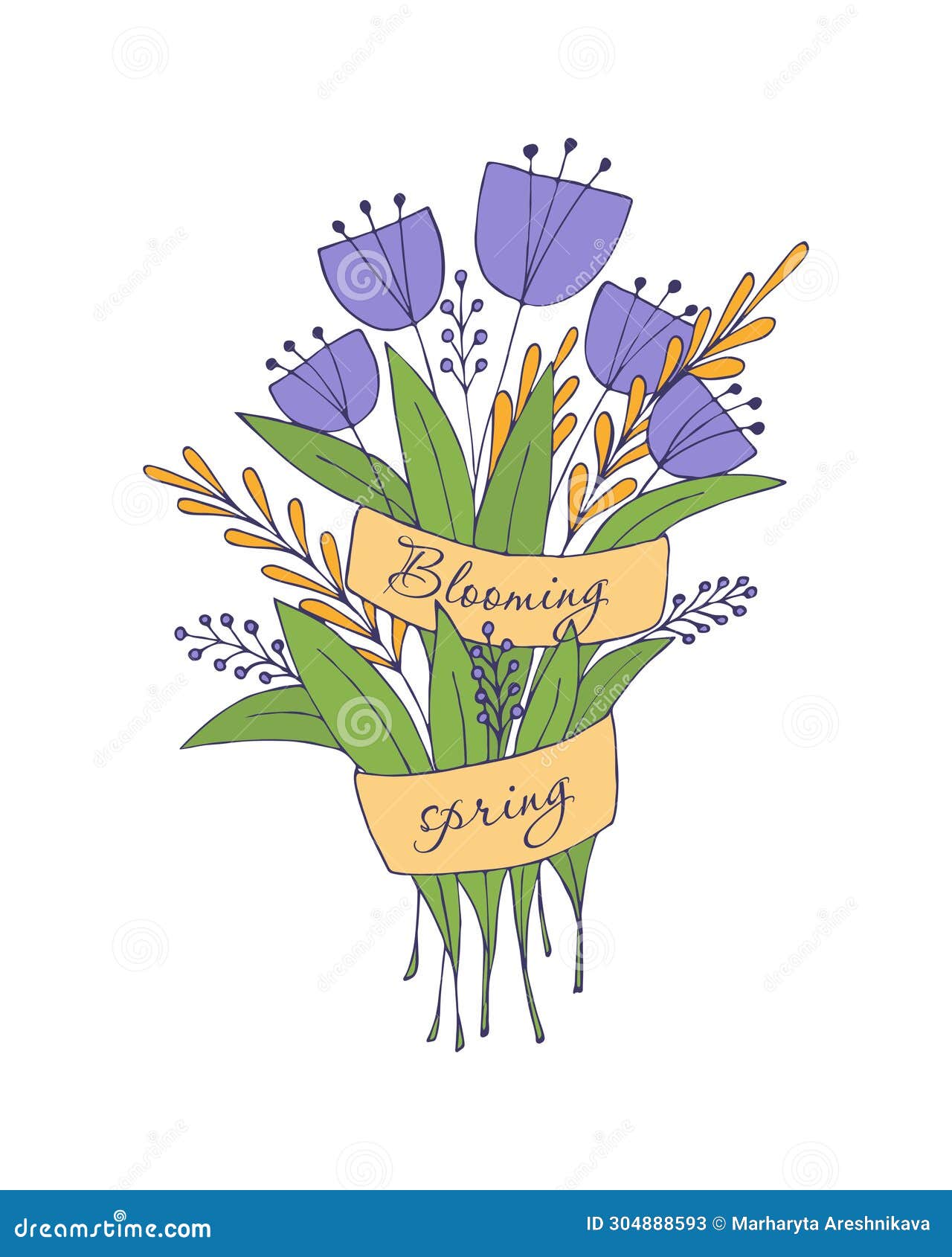 Blooming Spring Bouquet, Hand Drawn Doodles with Lettering Stock ...