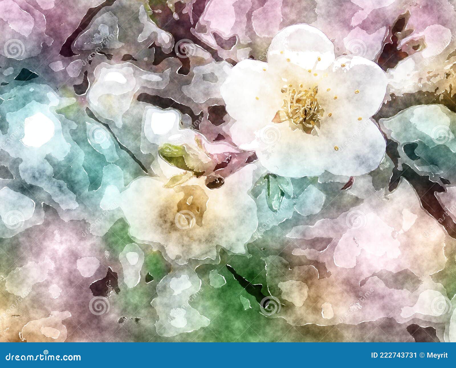 Blooming Spring Fruit Tree Stylized Watercolor Drawing Stock ...