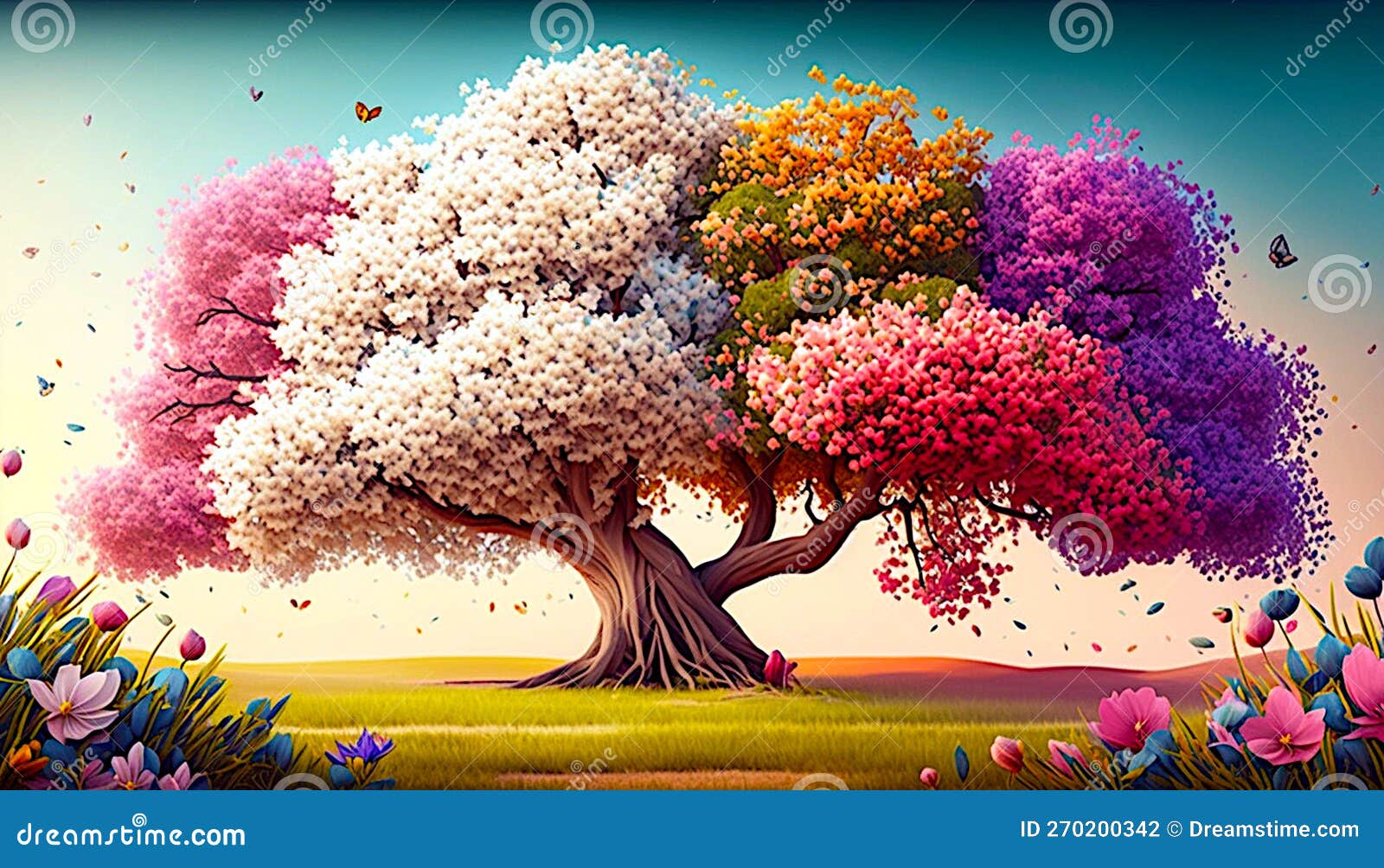 Blooming Spring Trees Illustration. Spring Landscape with Multi Color ...