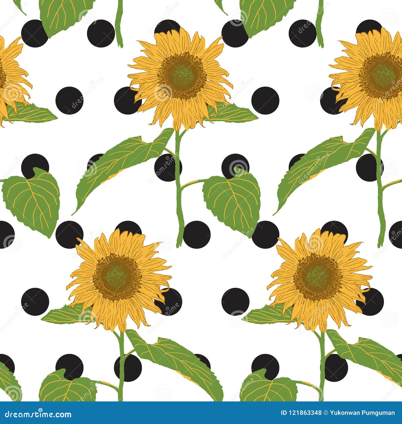 Blooming Sunflower with Black Dot Seamless Pattern Vector Stock Vector ...