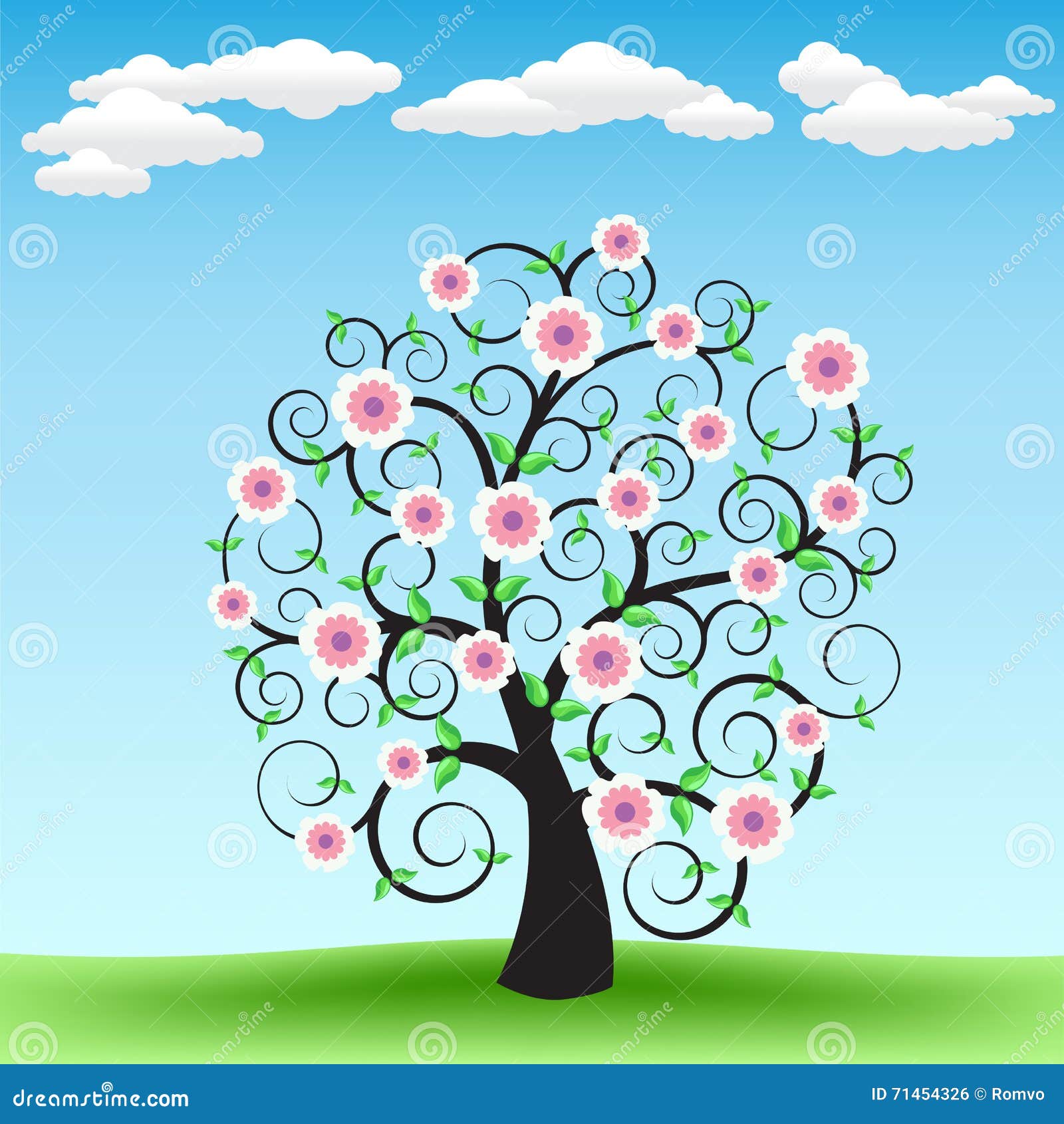 Blooming tree and sky stock vector. Illustration of design - 71454326