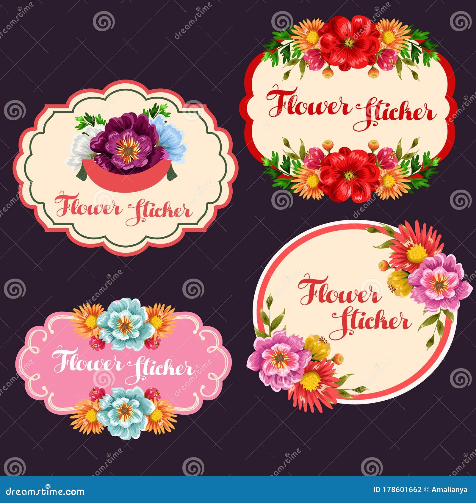 Blossom Retro Flower Sticker Collection Stock Vector - Illustration of ...