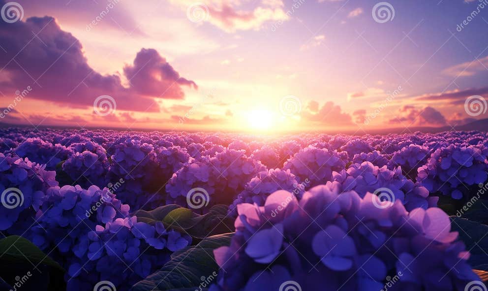 Blossoming Hydrangea Field at Sunset Stock Image - Image of scenic, tranquility: 345578373