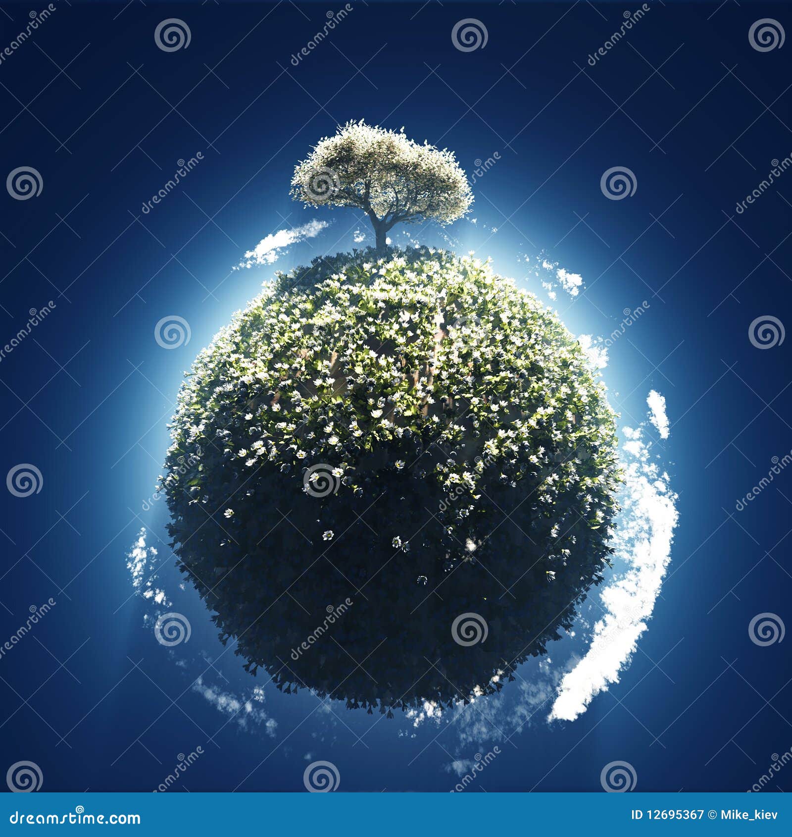 Blossoming Tree on Small Planet Stock Illustration - Illustration of ...