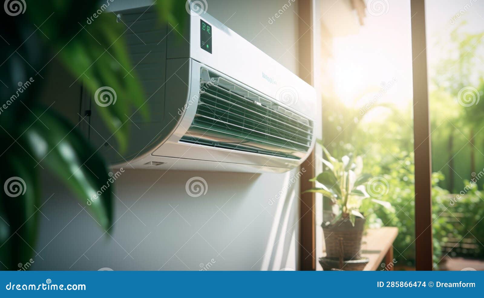 A Modern Air Conditioning System With A White Outdoor Compressor Unit ...