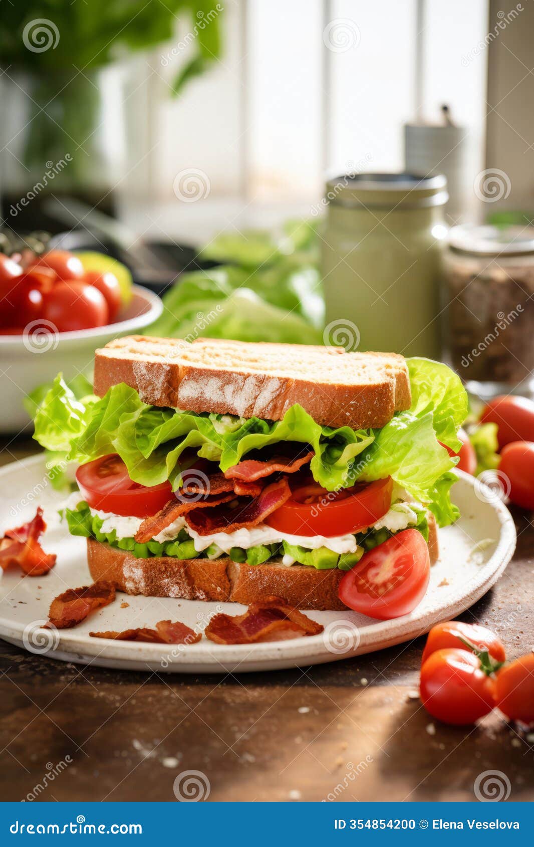 BLT Sandwich, Bacon Lettuce and Tomato on Whole Wheat Bread in a White ...