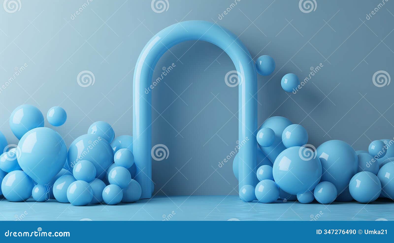Blue Abstract Arch with Floating Bubbles on Minimalist Background Stock ...