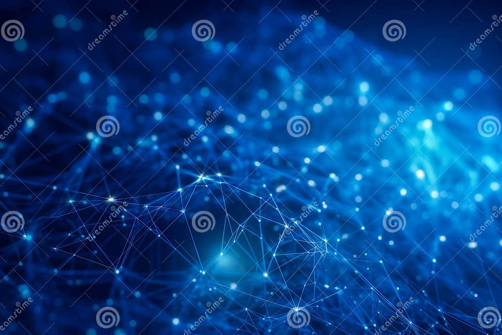 Blue Abstract Background with a Network Grid, Particles Connected and Bokeh. Sci-fi Digital ...