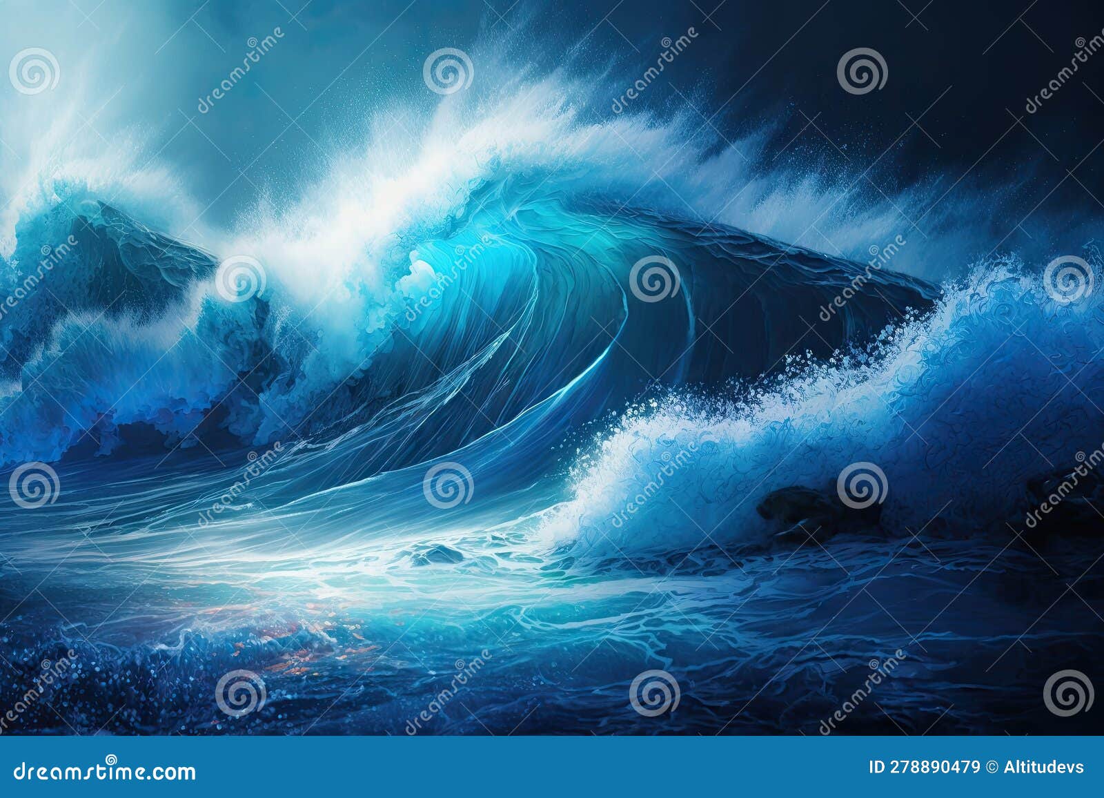 Blue Abstract Liquid Wave Background with Light Mist Spray on the Shore ...
