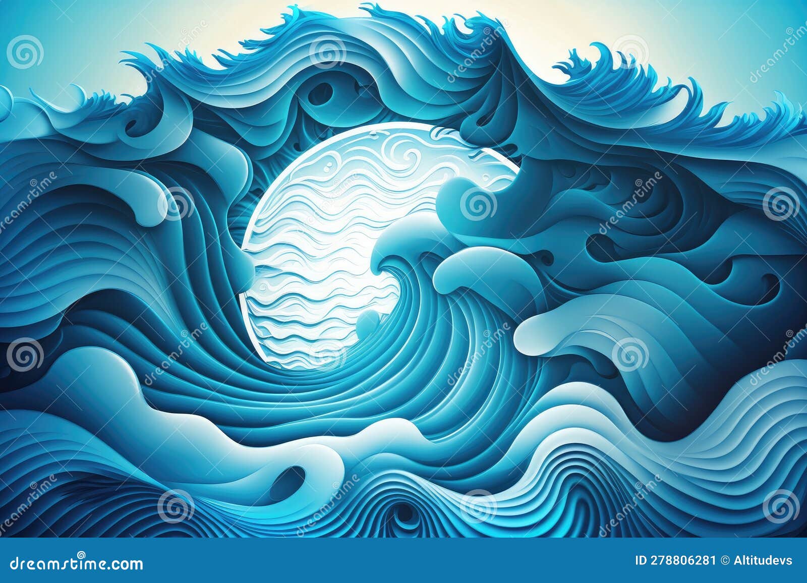 Blue Abstract Liquid Wave Background with Sun and Clouds in the Sky ...