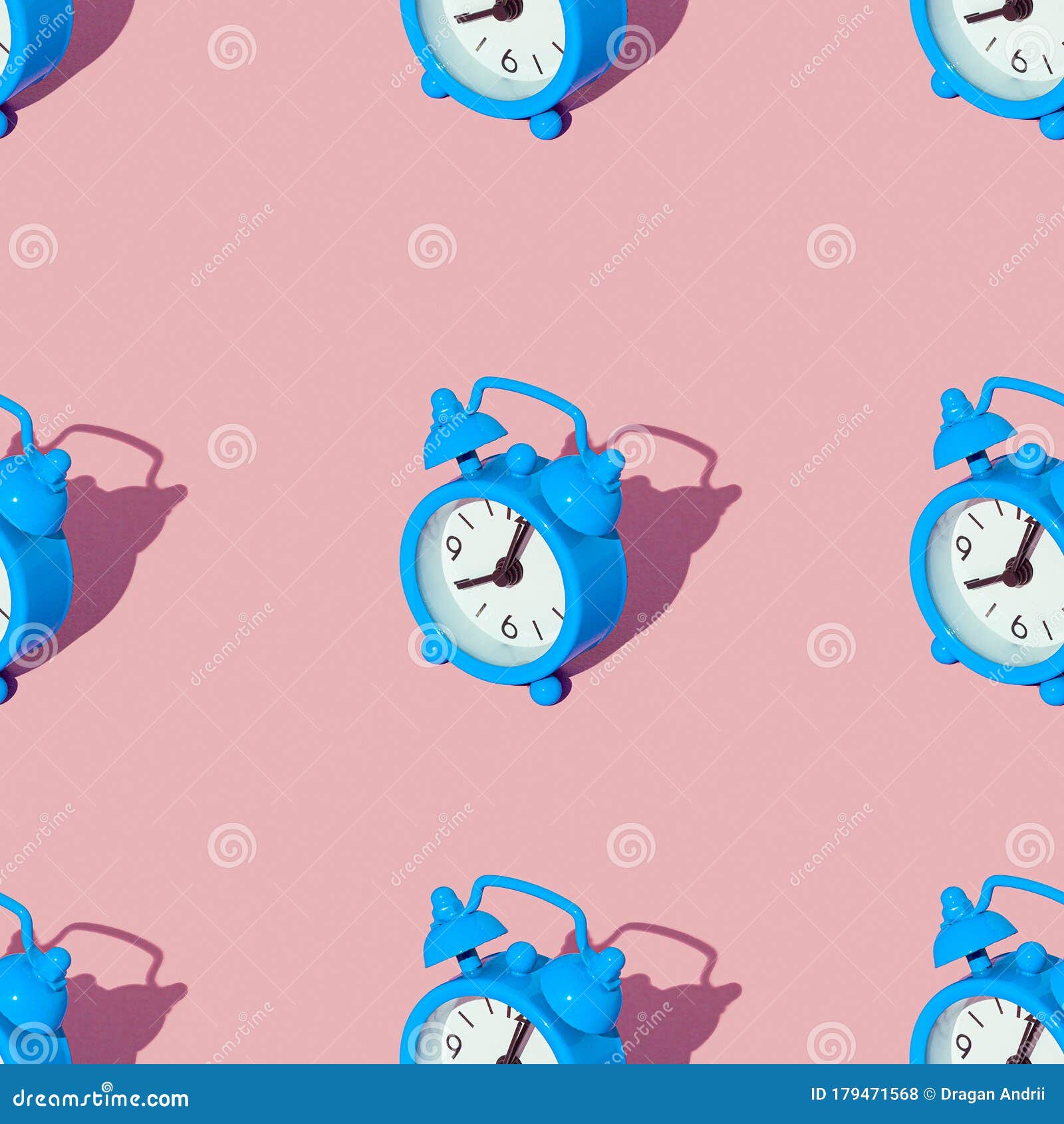 Blue Alarm Clock on a Green Background. Set. Seamless Texture Pattern ...