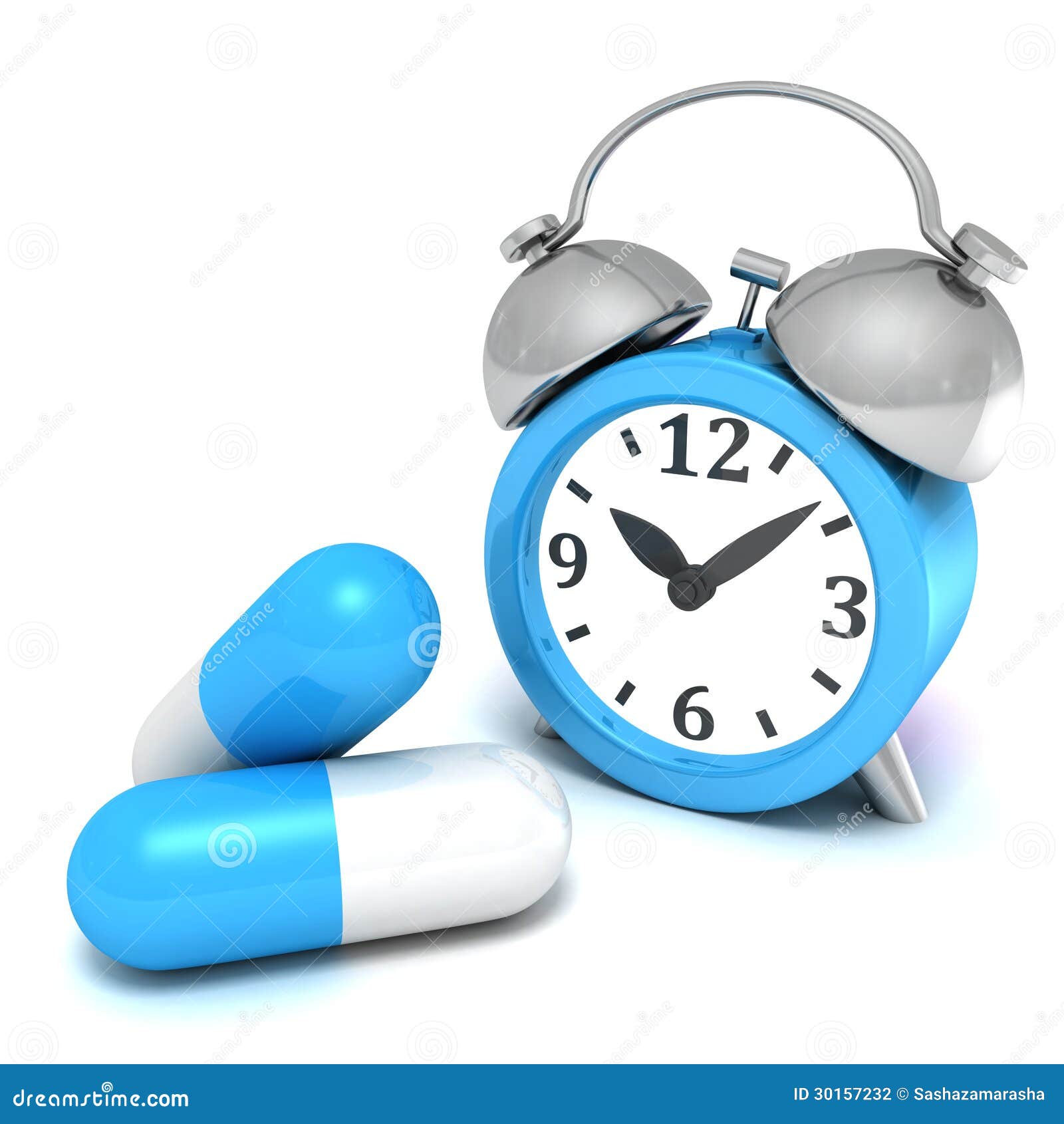 Blue Alarm Clock and Medical Pills on White Stock Photo - Image of ...