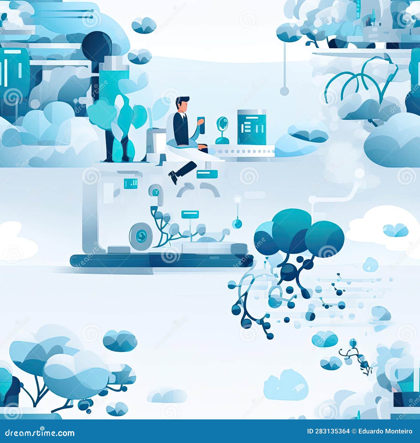 Blue Animated Illustrations of People Working on Clouds and Buildings ...