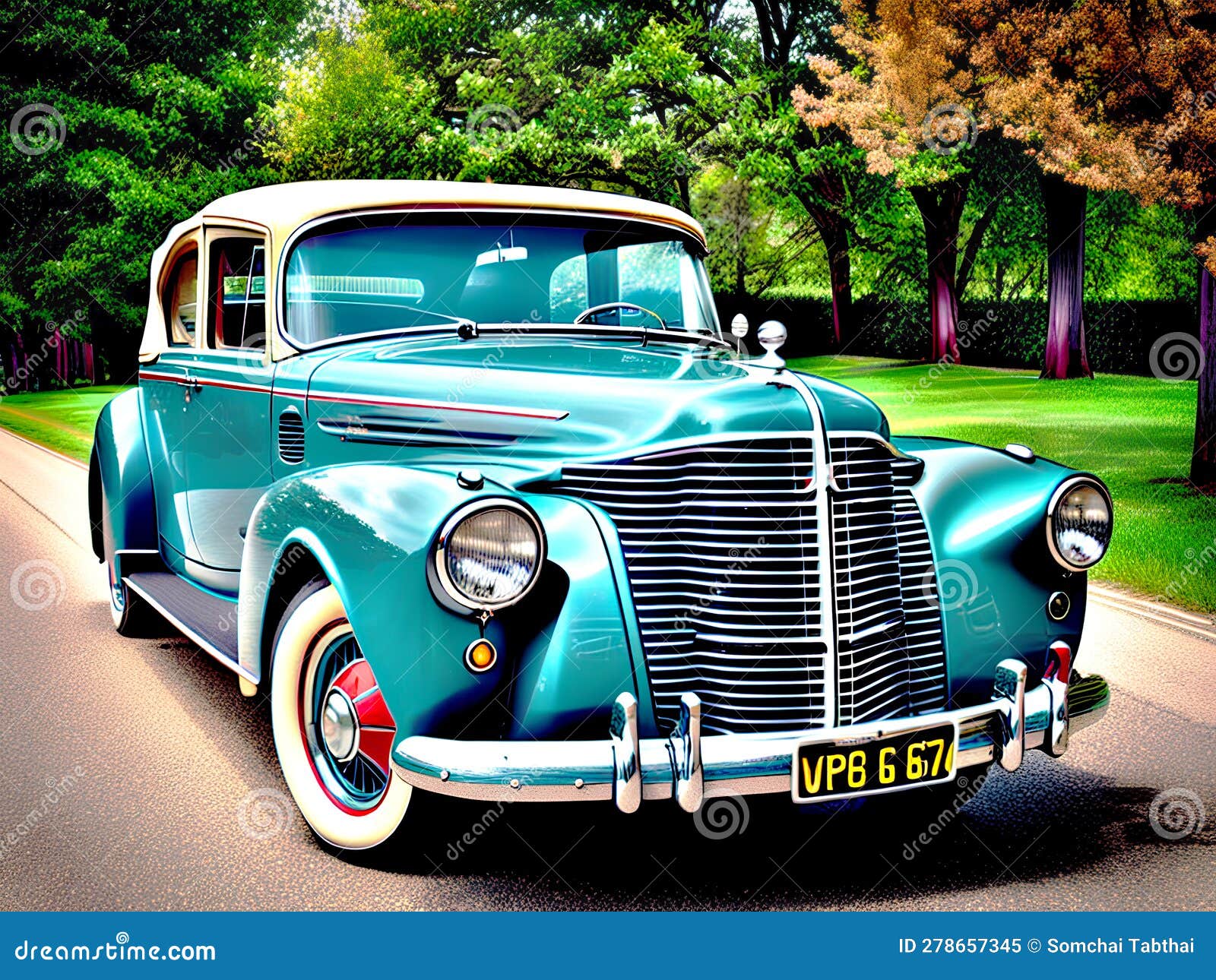 Blue Antique Car in the Park AI Generated Stock Illustration ...
