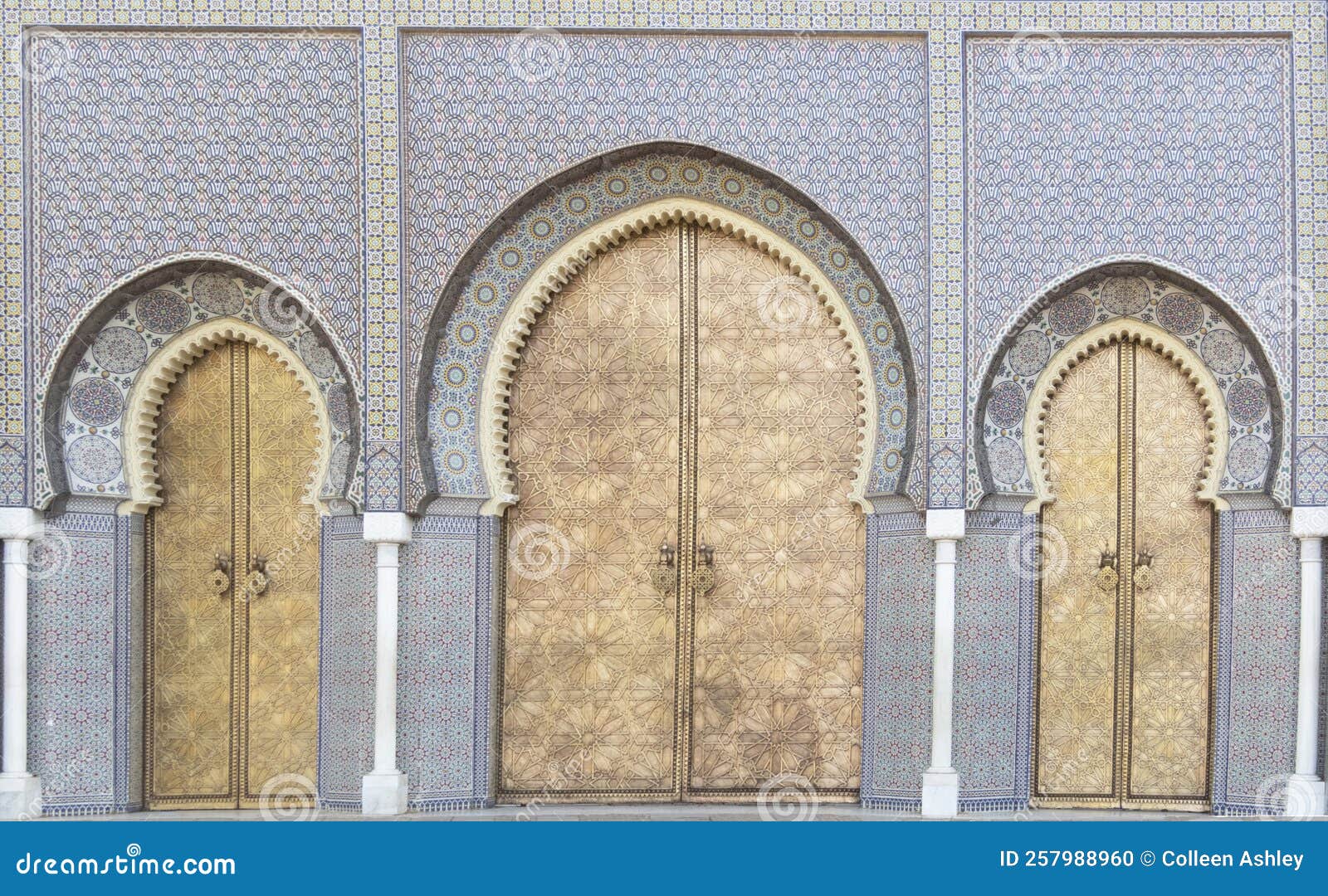 Blue Arched Tiled Doorway Iwth Three Golden Doors Stock Photo - Image ...