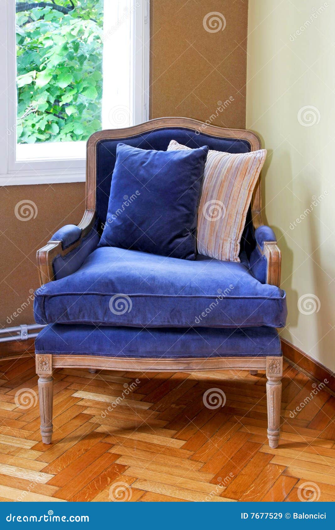Blue armchair stock image. Image of velvet, window, blue - 7677529