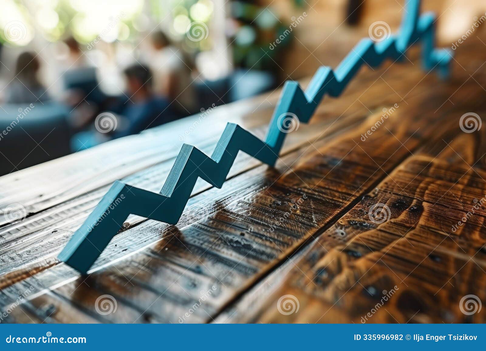 Blue Arrow Chart Pointing Up On Rustic Wooden Table, Symbolizing Growth ...