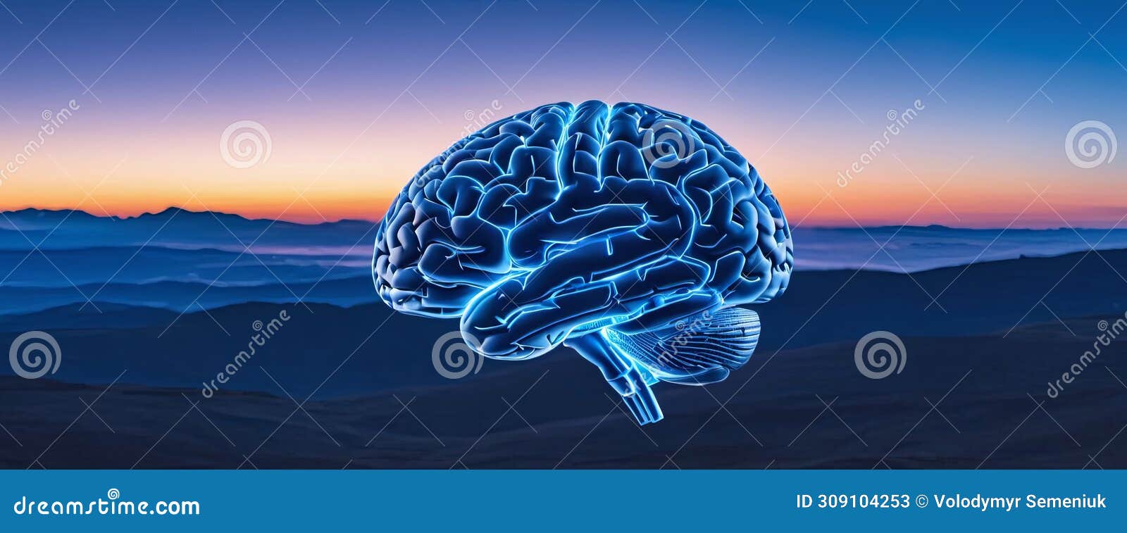 Blue Artificial Intelligence Brain, Landscape Striking Juxtaposition ...