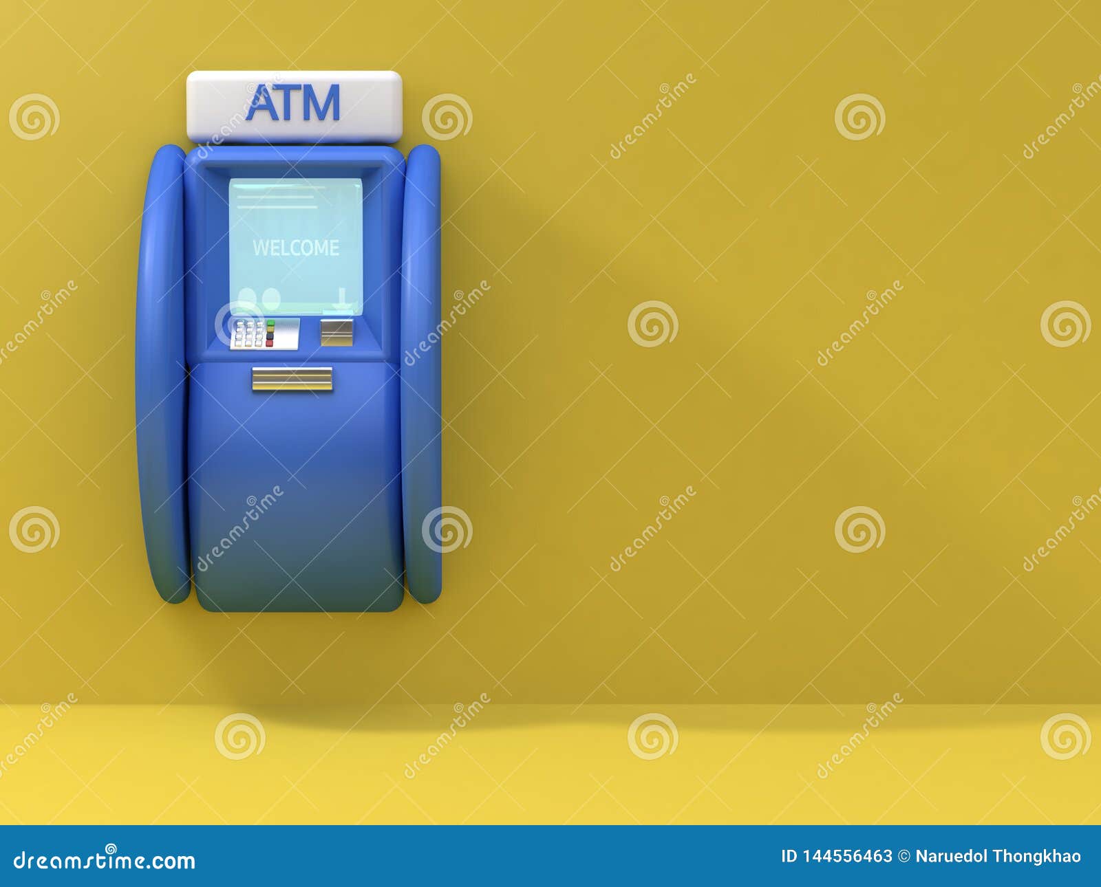 Blue ATM on Yellow Wall 3d Render Stock Illustration - Illustration of ...