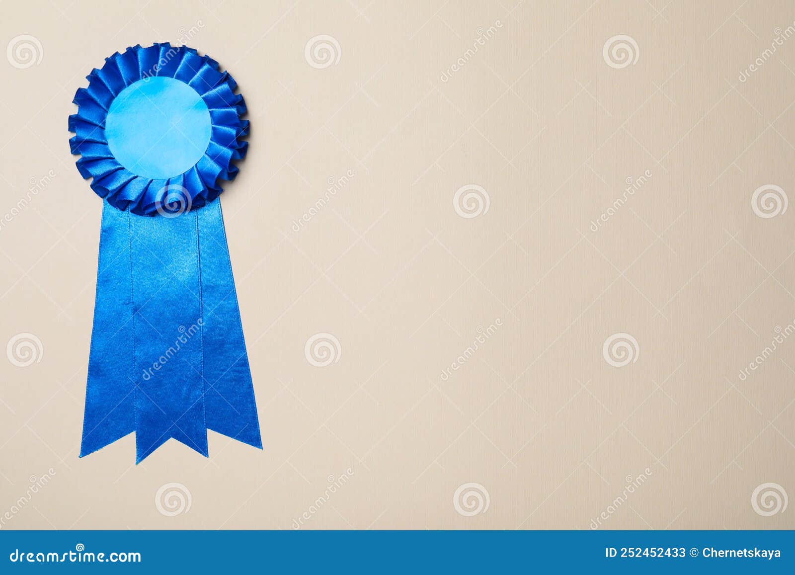 Blue Award Ribbon on Beige Background, Top View. Space for Text Stock ...